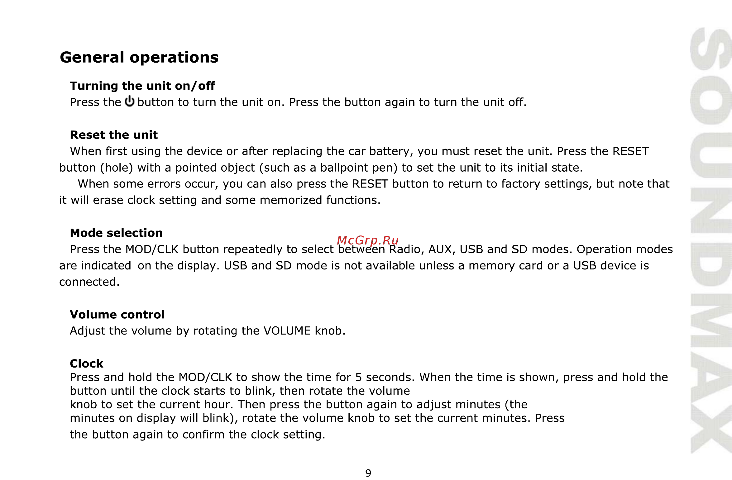 Soundmax SM-CCR3057F [9/31] General operations